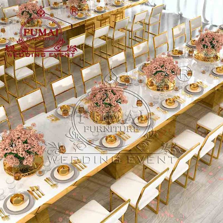 White Rectangular Banquet Table with Golden Base - Fumai