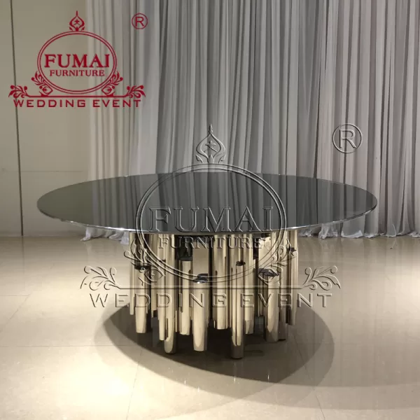 Silver Metal Table With Round Mirror Glass Table Top